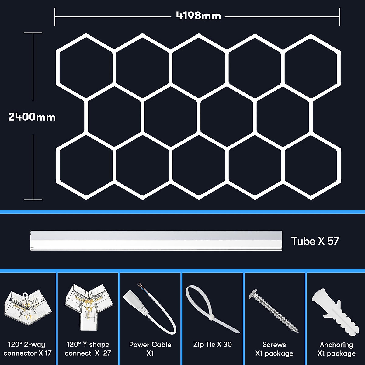 Hexagon Garage Lights: 6500K Cool White 14 Grid Hex Garage Light, 57 Packs LED Light, Super Bright Honeycomb Hexagon Ceiling Llight for Car Detailing Garage Workshop Basement Gym Barber