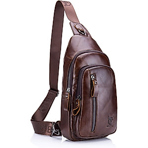 BULLCAPTAIN Genuine Leather Sling Bag,Full Grain Leather Casual Crossbody Shoulder Backpack Travel Hiking Vintage Chest Bag Daypacks for Men (Coffee)