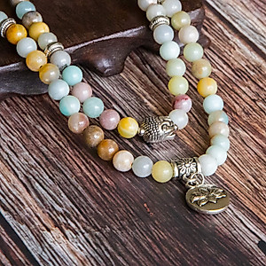 Bivei 108 Mala Beads Necklace Beaded Wrap Bracelets Genuine Gemstone Mala Prayer Beads Lotus Charm Yoga Meditation Necklace - -Amazonite