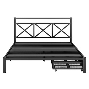 Queen Size Platform Bed Frame, Metal Bed Frame with 2 Storage Drawers Queen Bed Frame with Headboard More Sturdy, Noise-Free, No Box Spring Needed, Easy Assembly, Black