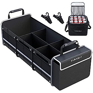 Farasla Waterproof Trunk Organizer with Insulated Leakproof Cooler Bag, Foldable Cover, Adjustable Securing Straps (4-in-1 w/Cooler, Black)