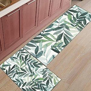 Z&L Home Watercolor Fresh Green Leaves Kitchen Rug Sets 2 Piece Floor Mat Non-Slip Rubber Backing Area Runners Door Mats, Natural Plant Indoor Washable Carpet
