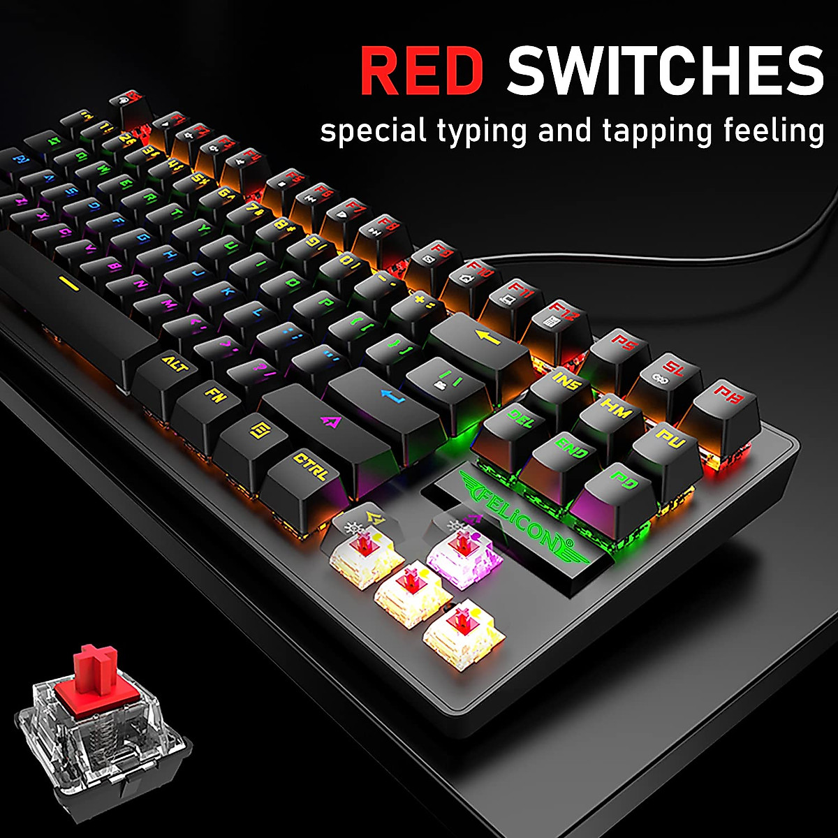 MANBASNAKE K2 Mechanical Gaming Keyboard RGB LED Rainbow Backlit Wired Keyboard with Red Switches for Windows Mac Xbox Gamer(Black)