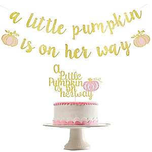 Gold&Pink Glitter A Little Pumpkin is On Her Way Banner and A Little Pumpkin is On Her Way Cake Topper, Little Pumpkin Baby Shower Banner for Little Pumpkin is On Her Way Baby Shower Decorations