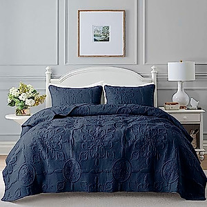 Boho Quilt California Cal King Size Bedding Sets with Pillow Shams, Damask Oversized Lightweight Soft Bedspread Coverlet, Navy Blue Quilted Blanket Thin Comforter Bed Cover, 3 Pieces, 118x106 inches