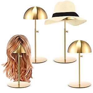 Sintuff 4 Pcs Hat Display Stand 7.9-15.7inch Adjustable Hat Holder Wigs Head Stand Anti Rust Non Slip Stable Stainless Steel Metal Hat Rack for Hat Storage Wig Styling Practice (Gold,Round Base)