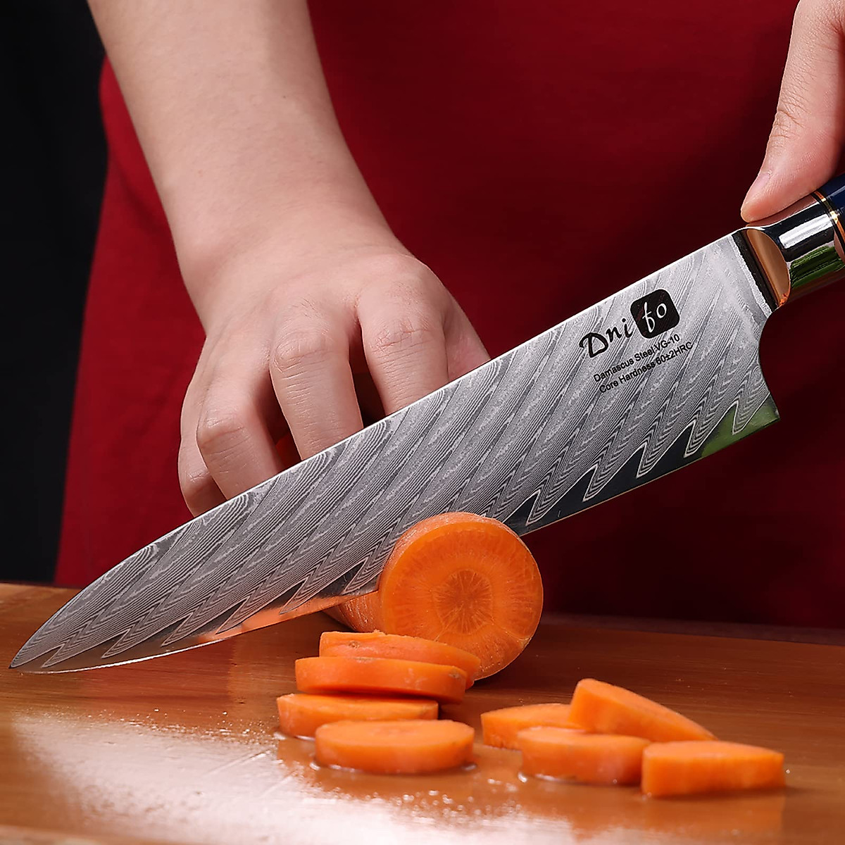Dnifo Chef Knife, Damascus Chef Knife 8 inch, Damascus VG-10 67-Layer Steel Japanese Kitchen Knives, Full Tang Non-stick Blade and Anti-rusting Forged Cooking Knife with Gift Box