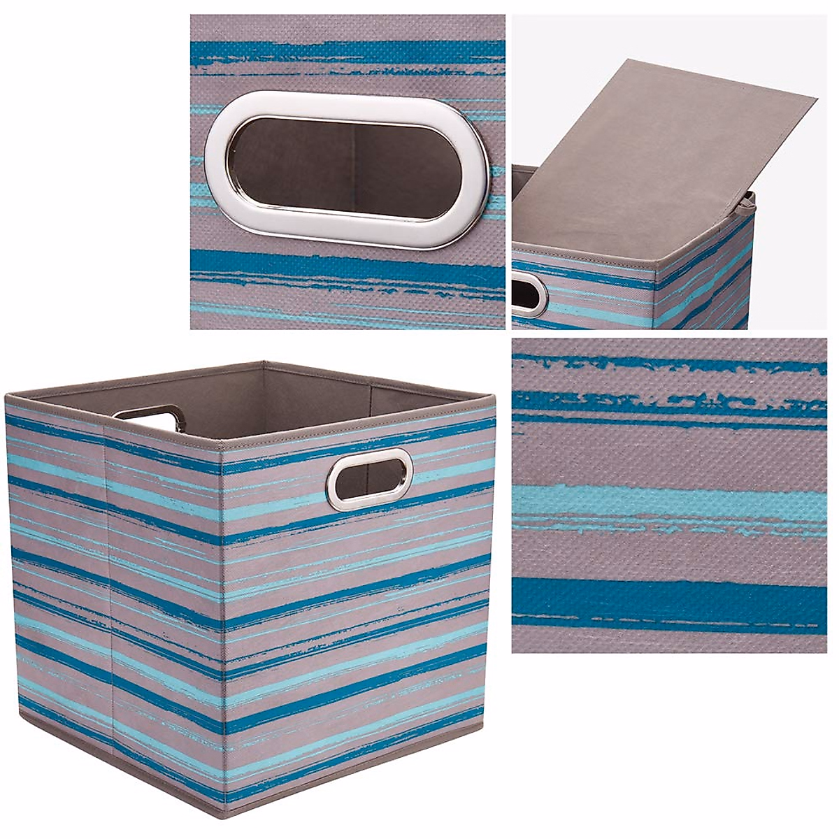 HSDT 13 inch Collapsible Storage Cubes Bins Teal Stripes Fabric Storage Boxes Foldable Cube Inserts Storage Grey Printed Folding Cloth Storage Baskets Drawer Organizer ,QY-SC05-3