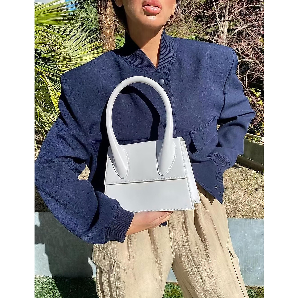 Megfie Womens Cropped Bomber Jacket Button Down Varsity Jackets Shackets With Pockets(0394-DarkBlue-M)