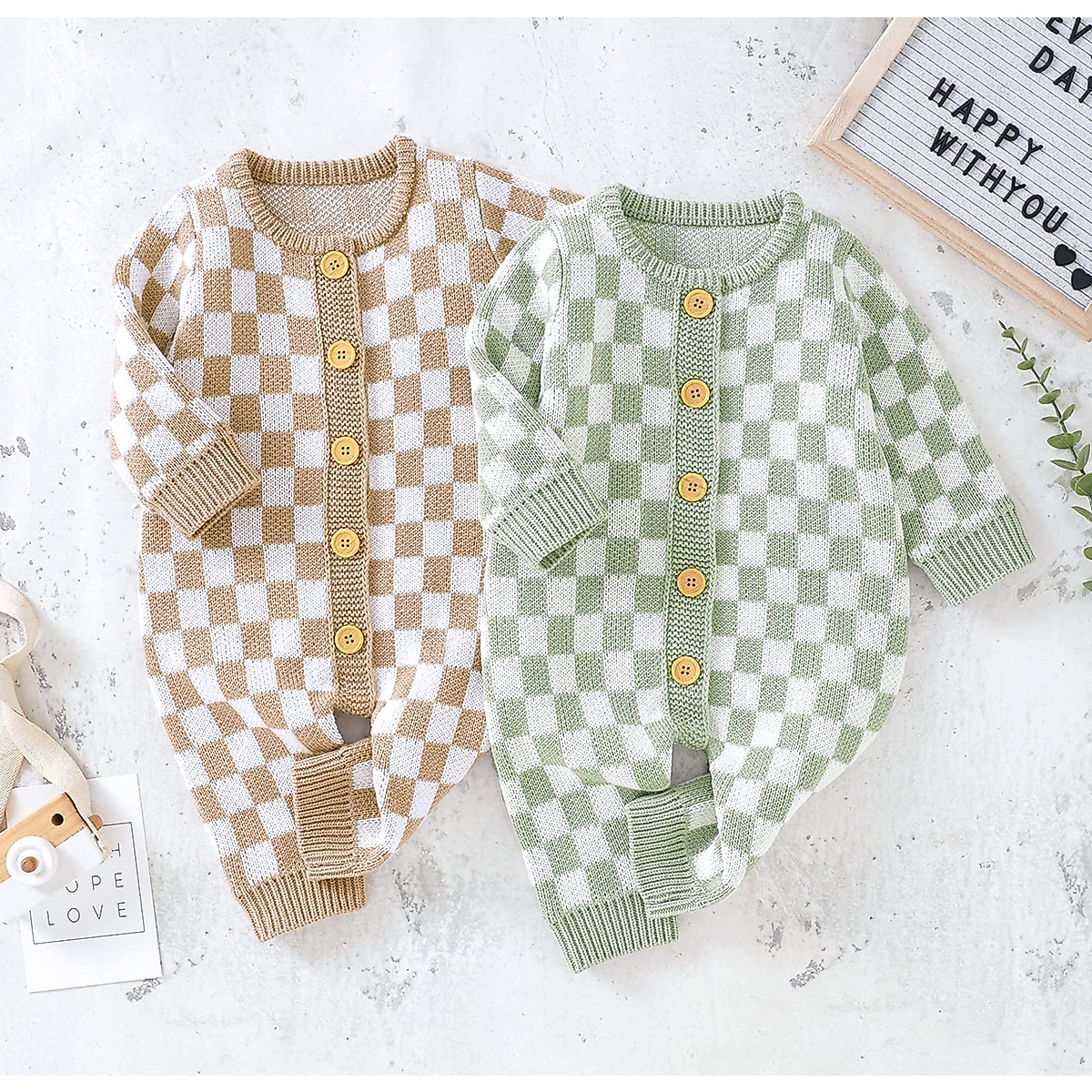 SAYOO Unisex Baby Girl Boy Knitted Romper Jumpsuit Checkerboard Plaid One Piece Button Down Sweater Playsuit Clothes (Camel, 0-3 Months)