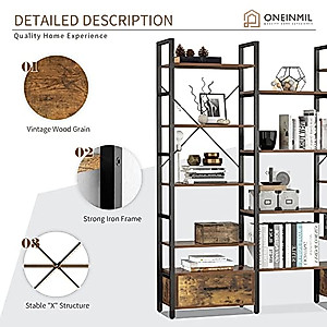oneinmil Triple Wide 5-Tier Bookshelf with 2 Drawers, Rustic Etagere Book Shelves Display Shelf for Home Office, Industrial Style Wood and Metal Bookshelf in Living Room, Study, Bedroom (Brown)