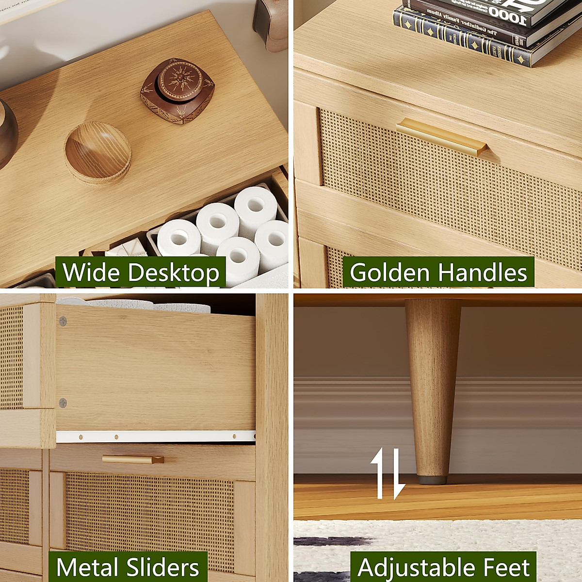 Keehusux Rattan 9 Drawer Dresser for Bedroom, Accent Storage Dresser with Solid Wooden Legs, Long Chest of Drawers with Metal Handles for Closet, Living Room, Entryway, Natural KES003MDG