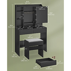 VASAGLE Vanity Desk with Power Outlets, Makeup Vanity with Mirror and Lights, Upholstered Vanity Stool, Dimmable LED Lights, 6 Compartments, 2 Drawers, for Bedroom, Ink Black URDT031B01