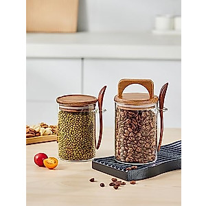 Sweejar Glass Jars with Bamboo Lids and Spoons, Overnight Oats Containers with Lids, Coffee Tea Sugar Yogurt Container Set, 17 ounces, Set of 4(Handle Lid)