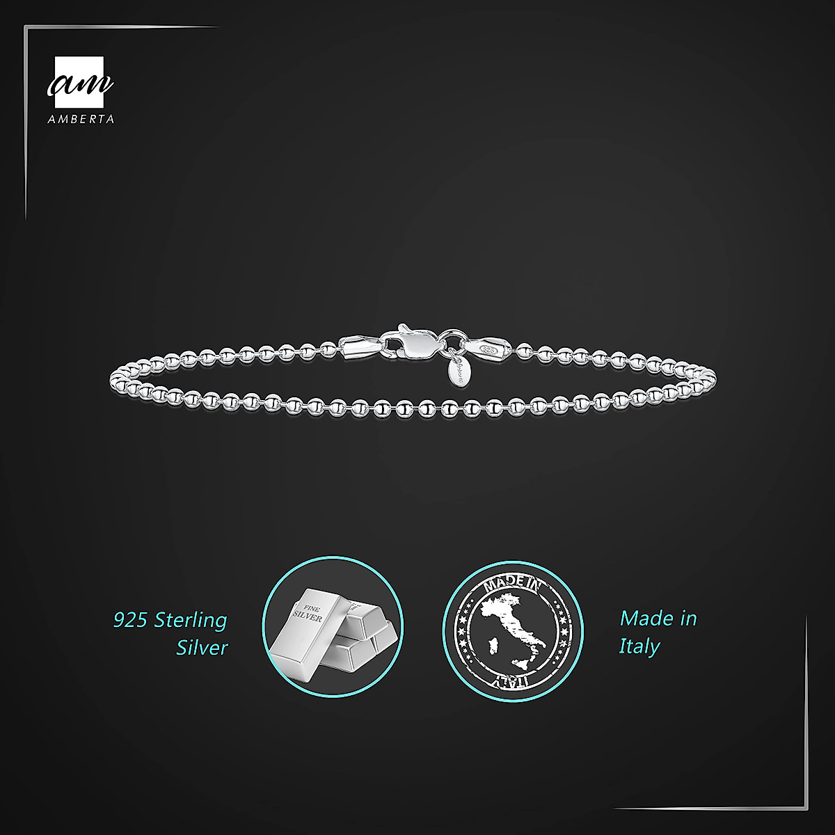 Amberta 925 Sterling Silver 2 mm Ball Chain Bracelet Length 7.5" inch / 19 cm (7.5)