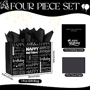 MOORIIY White and Black Birthday Gift Bag for Men Women Large Happy Birthday Wrapping Gift Bag with Tissue Paper and Greeting Card for Birthday Party Supplies 11.8" x 9.4" x 5.3" (Style B -Black)