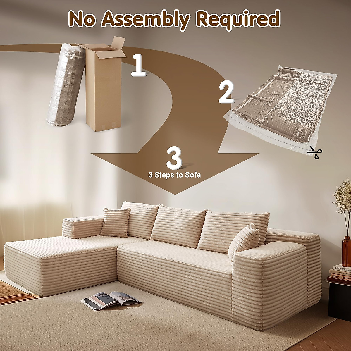 ovios 104" Cloud Sectional Couch with L-Shape Chaise,Modern Modular Sofa with Deep Seat, Upholstered Couches for Living Room Bedroom,No Assembly Required, Beige (Plush Corduroy Fabric)