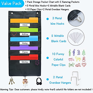 5 Pocket Hanging File Organizer, Wall Hanging File Folder Paper Storage Organizer for Office Classroom Home Organization, Pocket Chart with 3 Wire Hook, 2 Over Door Hanger and 10 Funny Paper Clip