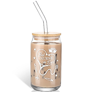 Roshtia Best Nurse Gifts for Women 16 Oz Nurse Glass Cups Mason Jar with Bamboo Lid Glass Straw Nurse Appreciation Gifts Can Cup Tumbler Drinking Bottle for Nursing Birthday Christmas Gift