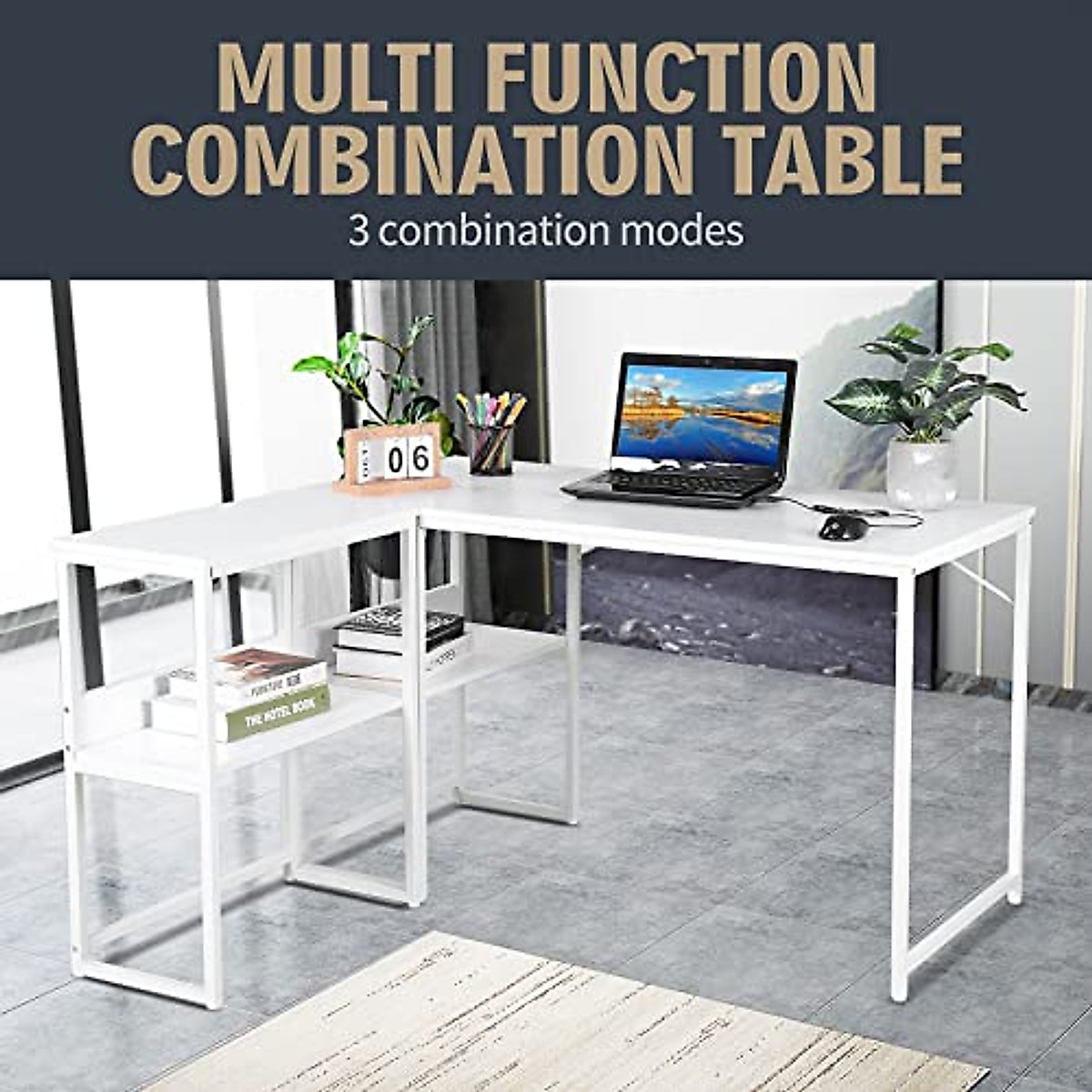 UNICOO – Muti-Function 3 Combination Computer Desk. L Shaped Computer Desk with Shelves, Study Desk with Reversible Storage Shelves for Home Office (XJH-2402 - White)