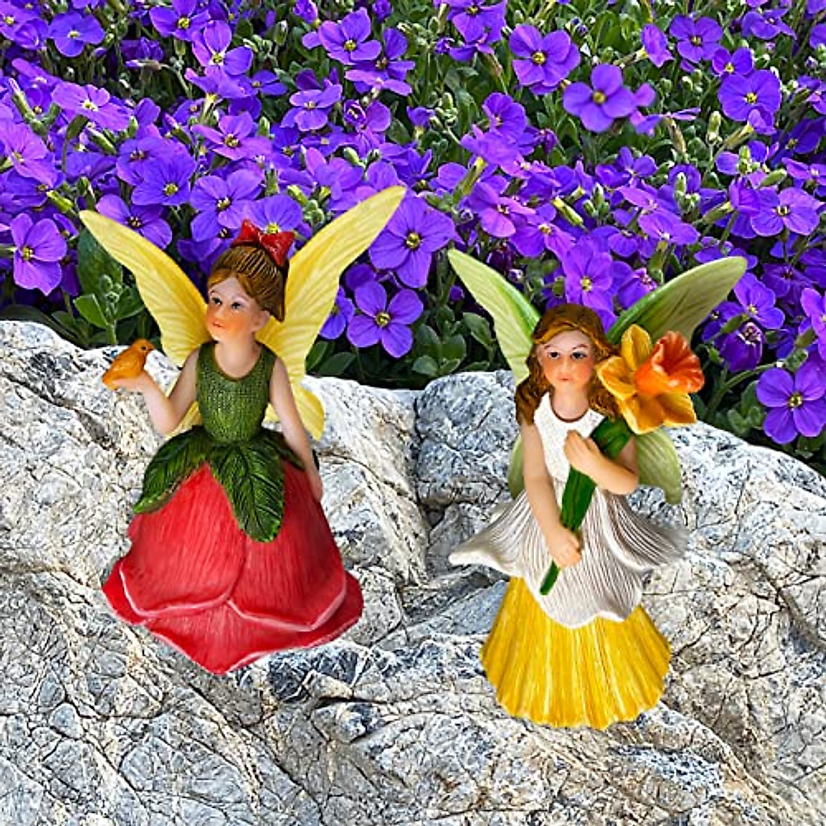 Mood Lab Fairy Garden - Miniature Fairy Figurines - Flower Girls Set of 2 pcs - Narcissus & Rose Fairies Accessories Statue Kit