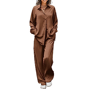 Ekouaer Womens 2 Piece Silk Satin Pajama Set Long Sleeve Lounge Sets Button Down Shirts and Pants PJs Soft Sleepwear Sets Clay L