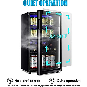 WANAI Beverage Refrigerator Cooler Mini Fridge Glass Door 100Can Beer Fridge Beverage Cooler Drinks Wines Juice Soda Cooler Adjustable Shelves Blue LED Lights Temp Control for Home Dorm 3.2 Cu. Ft