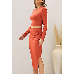 PRETTYGARDEN Womens 2024 Fall 2 Piece Outfits Track Suits Long Sleeve Crop Tops Bodycon Midi Skirt Slit Dress Matching Sets (Orange,Large)