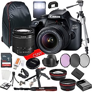 Canon EOS 4000D (Rebel T100) DSLR Camera w/EF-S 18-55mm F/3.5-5.6 Zoom Lens + 64GB Memory + Back Pack Case + Tripod, Lenses, Filters, & More (28pc Bundle) (Renewed)