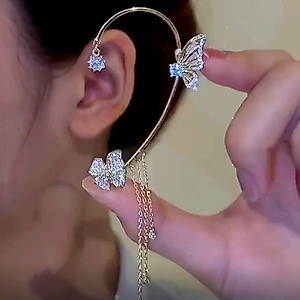 Butterfly Tassel Style Zircon Earrings Flowers Long Tassel Zircon Earrings Clips Charm No Piercing Ear Clip Jewelry for Women (Silver)