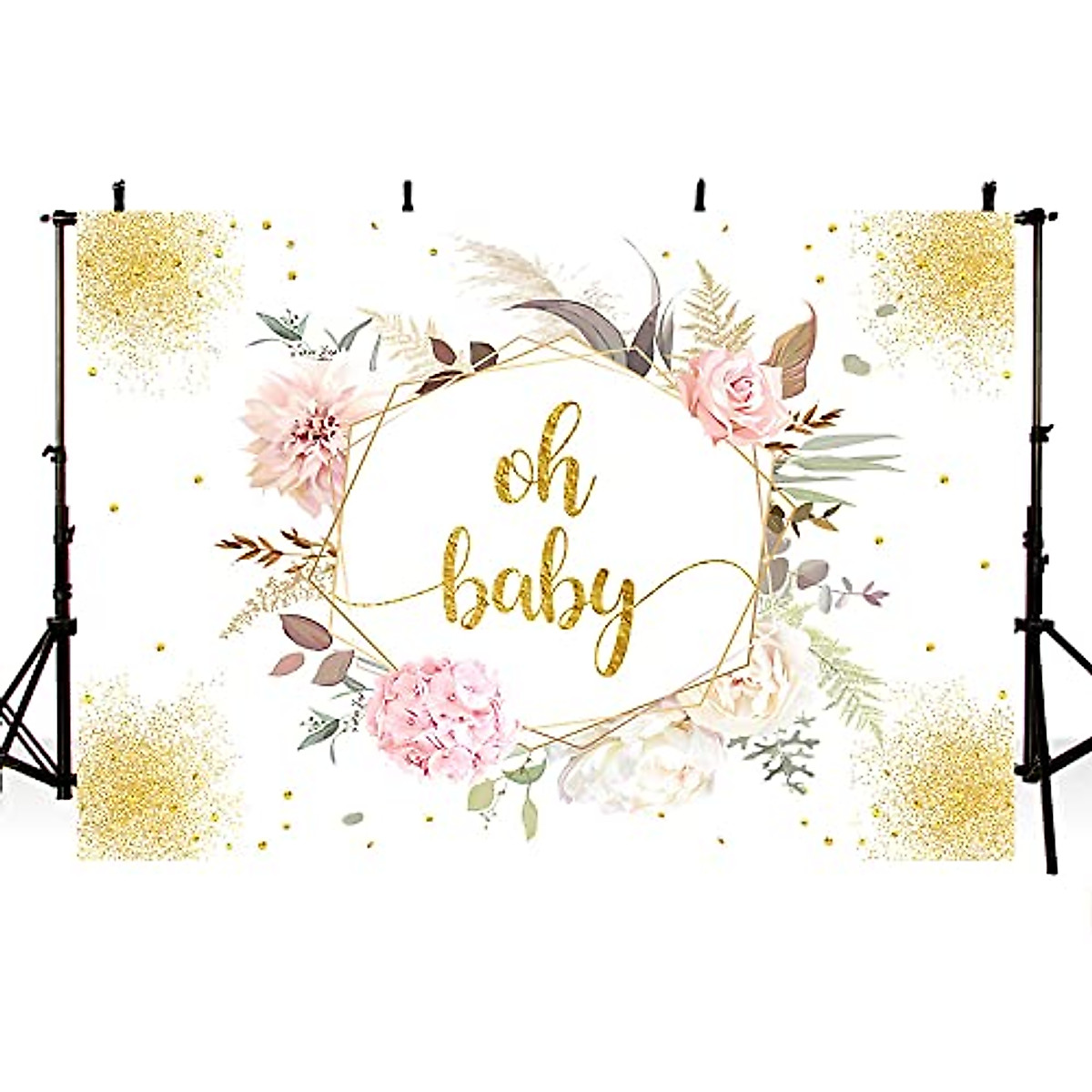 MEHOFOND Boho Pampas Baby Shower Backdrop for Girls Gold Glitter Sequins Dots Blush Pink Floral Photography Background Oh Baby Banner Announce Pregnancy Party Decorations Photo Booth Props 8X6ft