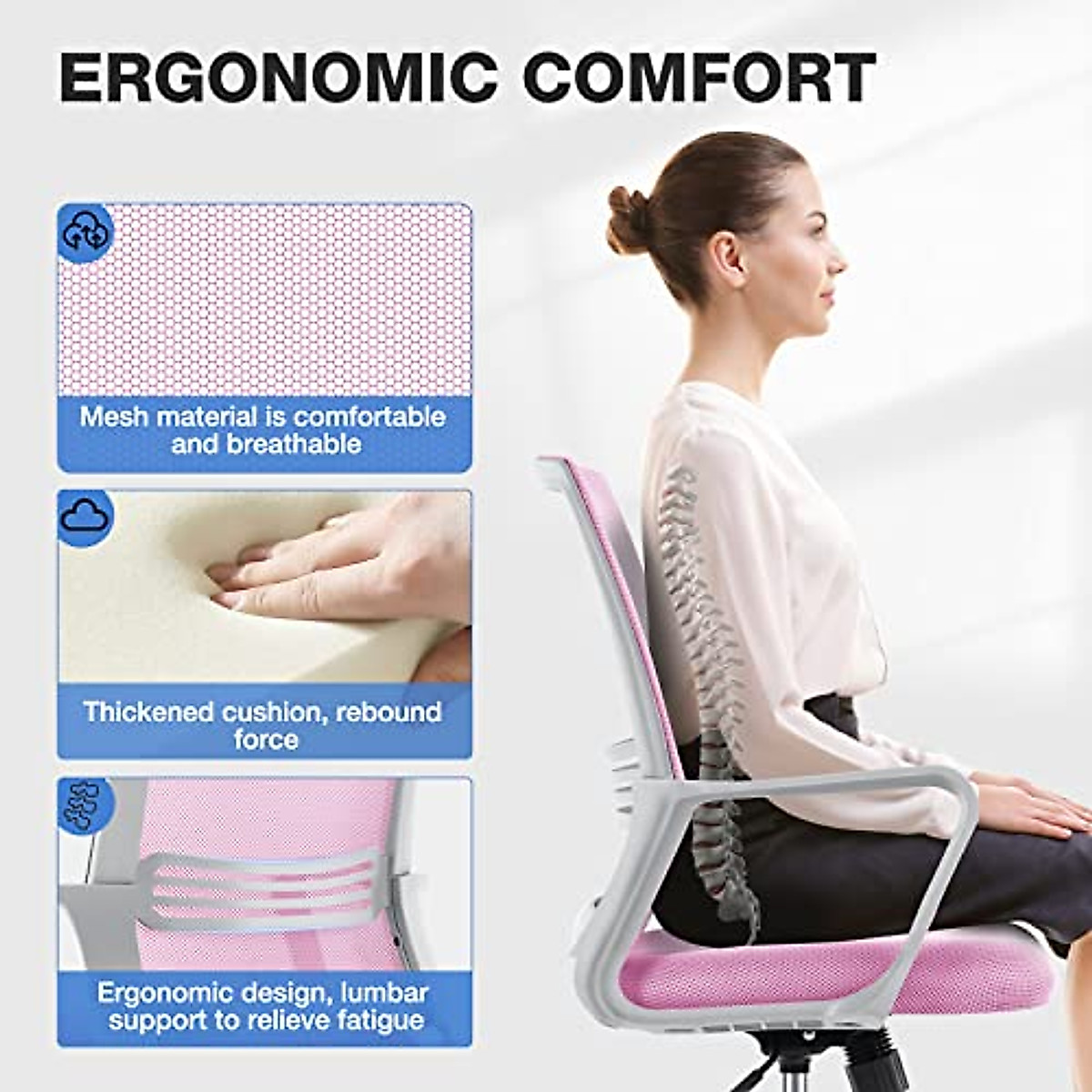Mesh Modern Office Desk Chair, Mid Back Lumbar Support Padded Seat and Armrest Computer Chair, Adjustable Height Ergonomic Home 360 Degree Swivel Rolling Rocking Mode Breathable Executive Chair, Pink