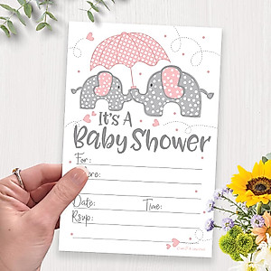 Pink Elephant Girl Baby Shower Invitations (20 Count) with Envelopes