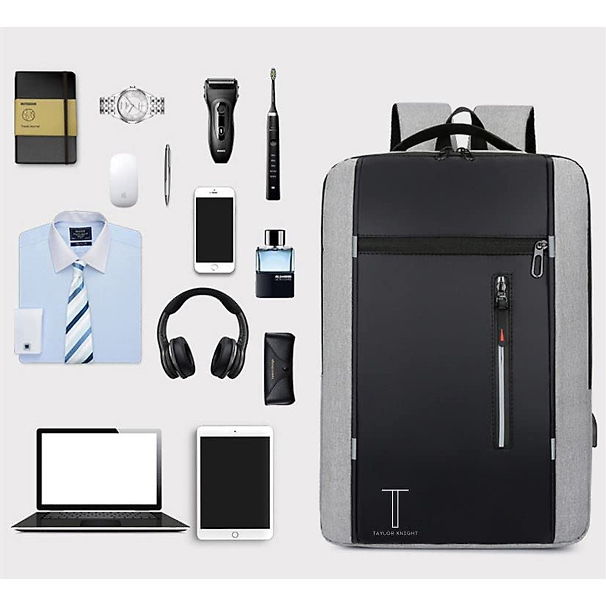 Taylor Knight Travel Laptop Backpack with USB Charging, Perfect for Business, School, College & Travel. Notebook Bag is suitable for Men and women, Great Gift for Laptop up to 15.6" (Grey)
