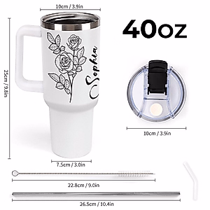 Personalized 40 Oz Tumbler with Lid Handle and Straw, Custom Stainless Steel Water Bottle Travel Mug with Names and Birth Flower, Personalized Mothers Day Birthday Gift for Mom Grandma