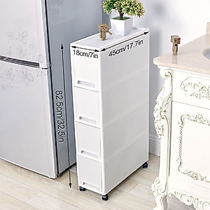 7in Narrow Slim Rolling Storage Cart, 4 Tier Kitchen Small Bathroom Storage Cabinet Beside Fridge Small Plastic Rolling Shelf with Drawers