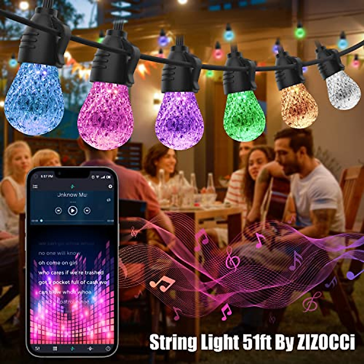 ZIZOCCI String Lights for Outside, String Lights Outdoor, String Lights Indoor, 51ft Patio Shatterproof Waterproof, Remote Control & App, Wedding, Christmas, Birthday, Balcony, Garden Party