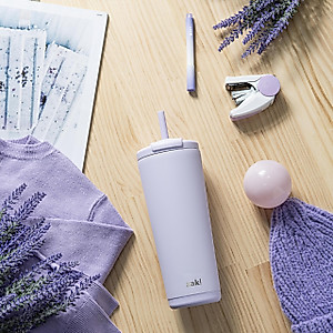 Zak Designs Beacon Straw Tumbler for Travel or At Home, 24oz Stainless Steel with Vacuum Insulated and Non-Skid Base (Smoky Lilac Purple)