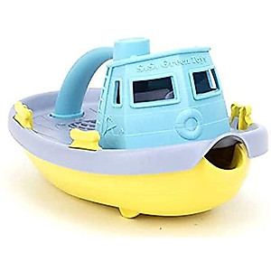 Green Toys Tugboat, Grey/Yellow/Turquoise Assorted - Pretend Play, Motor Skills, Kids Bath Toy Floating Pouring Vehicle. No BPA, phthalates, PVC. Dishwasher Safe, Recycled Plastic, Made in USA.