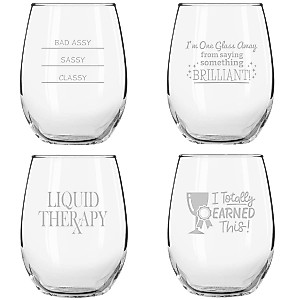 Funny Stemless Wine Glasses Set of 4 (15 oz)- Funny Novelty Wine Glassware Gift for Women- Party, Event, Hosting Fun- Wine Lover Wine Glass with Funny Sayings