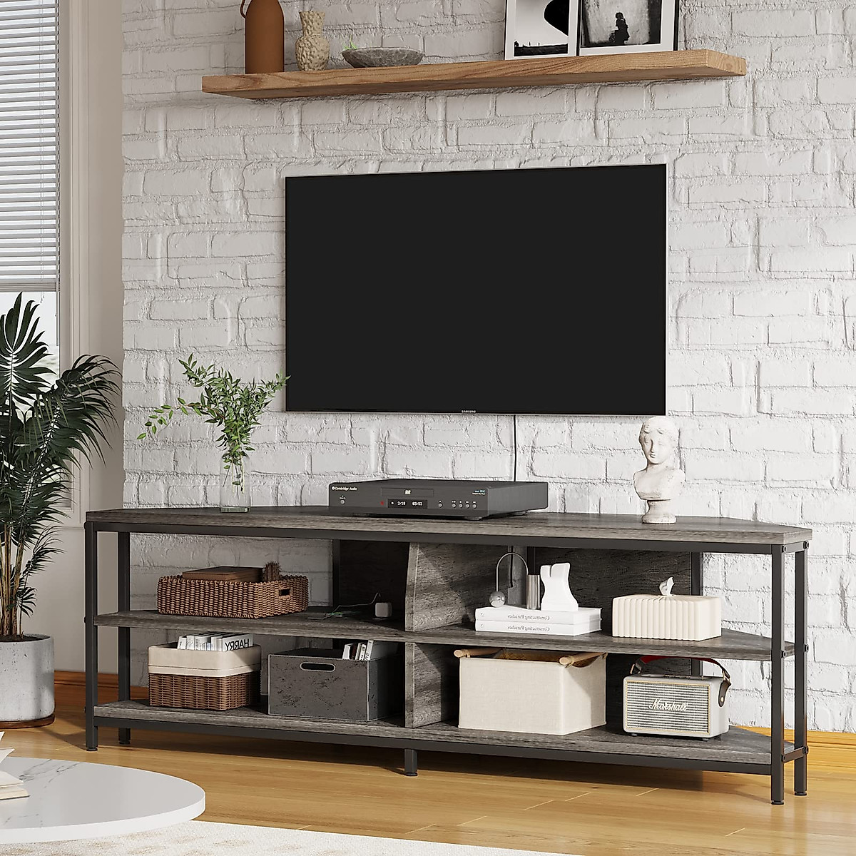 MUTUN Corner TV Stand with Power Outlet, Corner TV Stand for 32 43 50 55 60 Inch TV, Corner Entertainment Center, Industrial TV Console Table for Living Room Bedroom, 55 Inch, Grey Oak