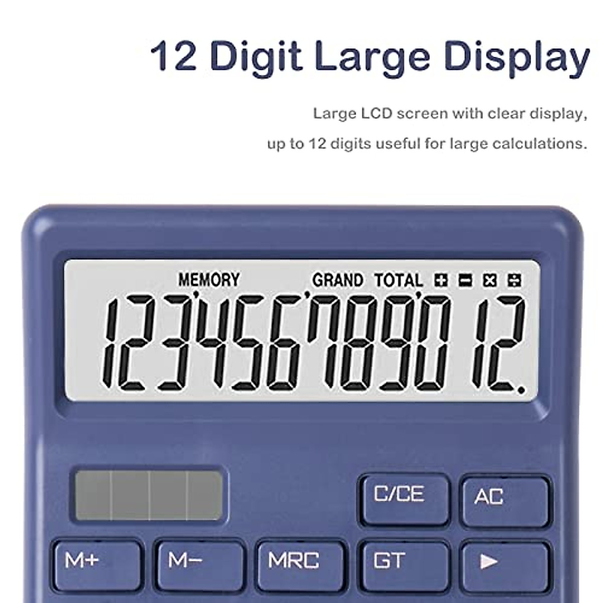 Calculators Desktop, Large Display Solar and Battery Power, Aesthetic Office Supplies, 12 Digit Small Basic Standard Functional Desk Calculator Cute for Office, Home, School (Blue)