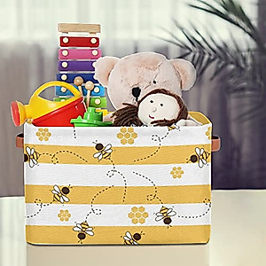Storage Baskets with Handles, Bee Honeycomb Yellow White Stripe Storage Cube Rectangular Fabric Collapsible Toy Storage Bin Organizer for Closet Shelf Laundry Nursery Kids Bedroom, 15x11x9.5 In,1 Pack