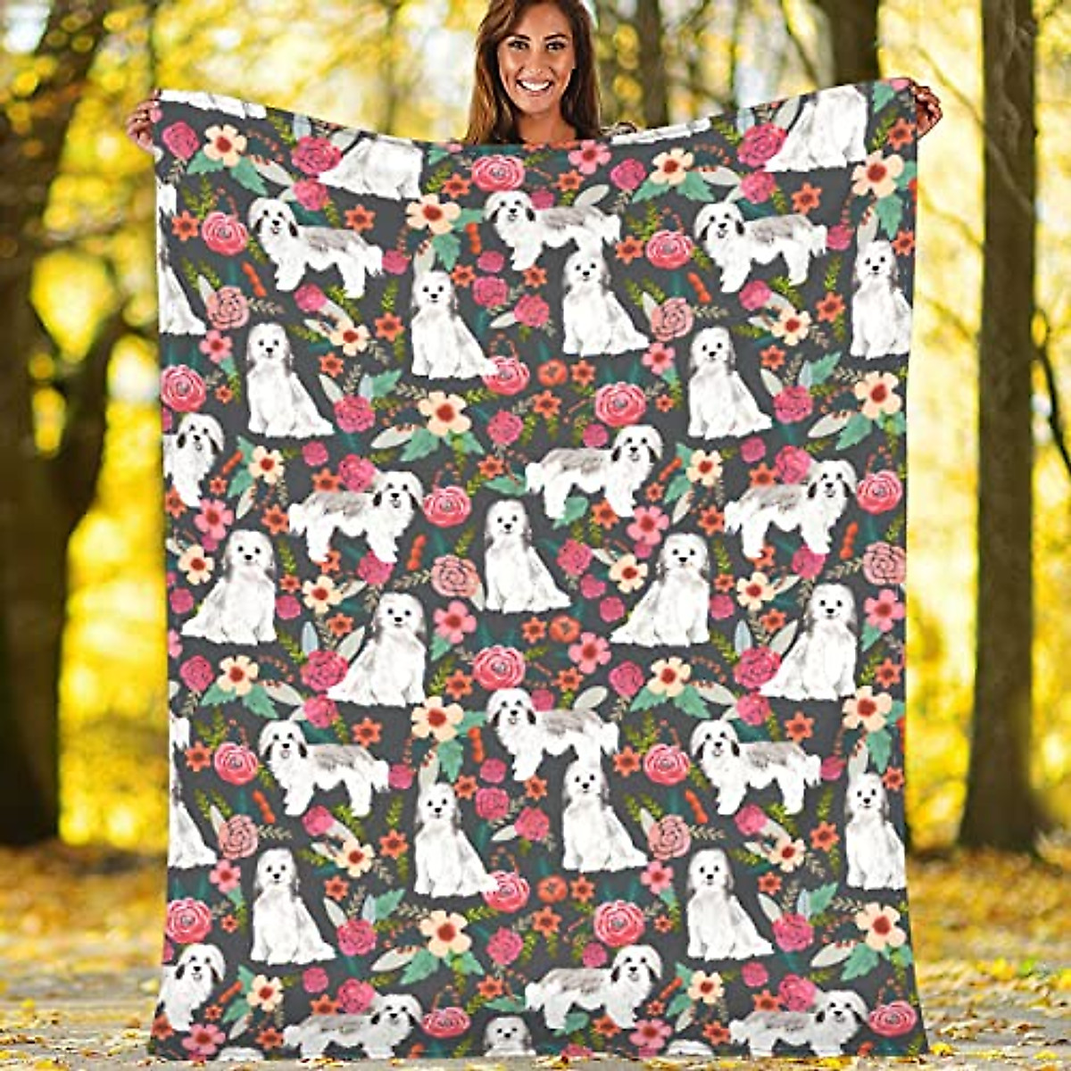 Cute Havanese Dogs Lovers Pink Rose Flower Floral Funny Dog Puppy Animals Boho Style 3D Print Blanket throw Ultra Soft Light Cozy Flannel Blankets For Bedroom Bed And Sofa Quilt Birthday Gifts 50"x40"