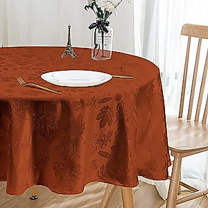 Hexagram Fall Tablecloth Round, Thanksgiving Tablecloth 70 Round inch, Jacquard Rust Maple and Fall Leaves Fabric Kitchen Table Decorations for Home
