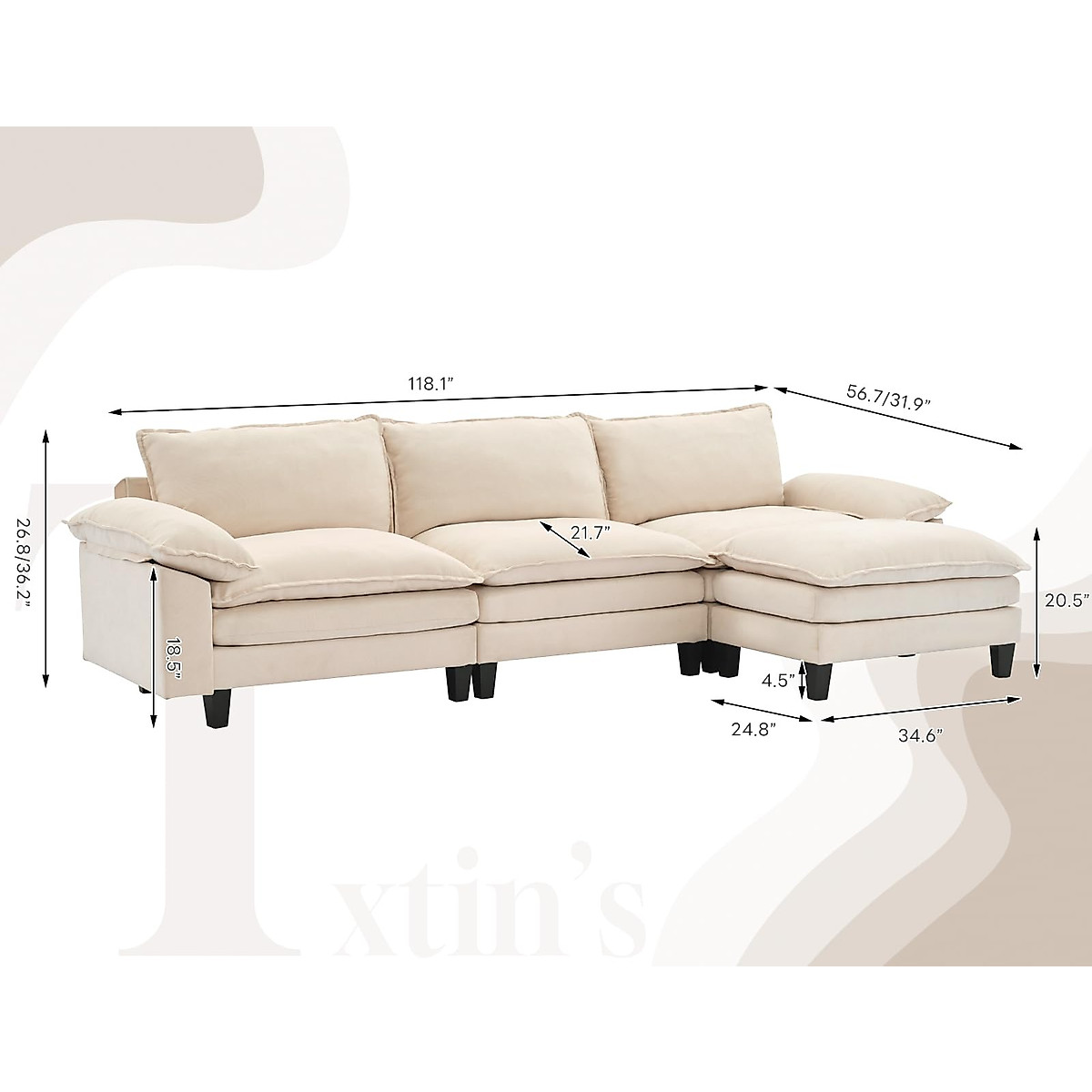 Txtin's 118" 3 Seat Cloud Couches for Living Room, L Shape Sectional Couch with Ottoman, Modular Sectional Sofa for Apartment, Beige