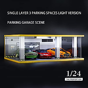Sikivot 1/24 Scale Car Display Case,Car Model Toy with Parking Lot Scene, Die-cast Car Garage Display Case,2 Parking Space Acrylic Toy Garage with LED Light