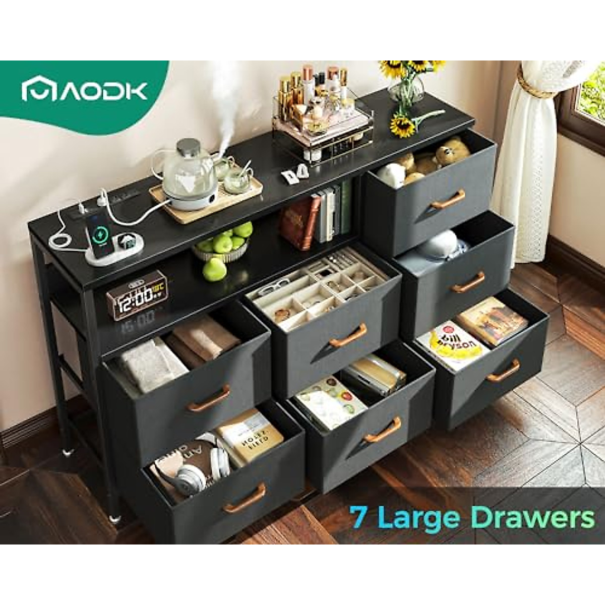 AODK Dresser with Charging Station, 52 Inches Long Dresser for Bedroom with 7 Large Fabric Drawers, Dresser TV Stand with Open Shelves for 55-Inch TV for Living Room, Dark Grey and Black