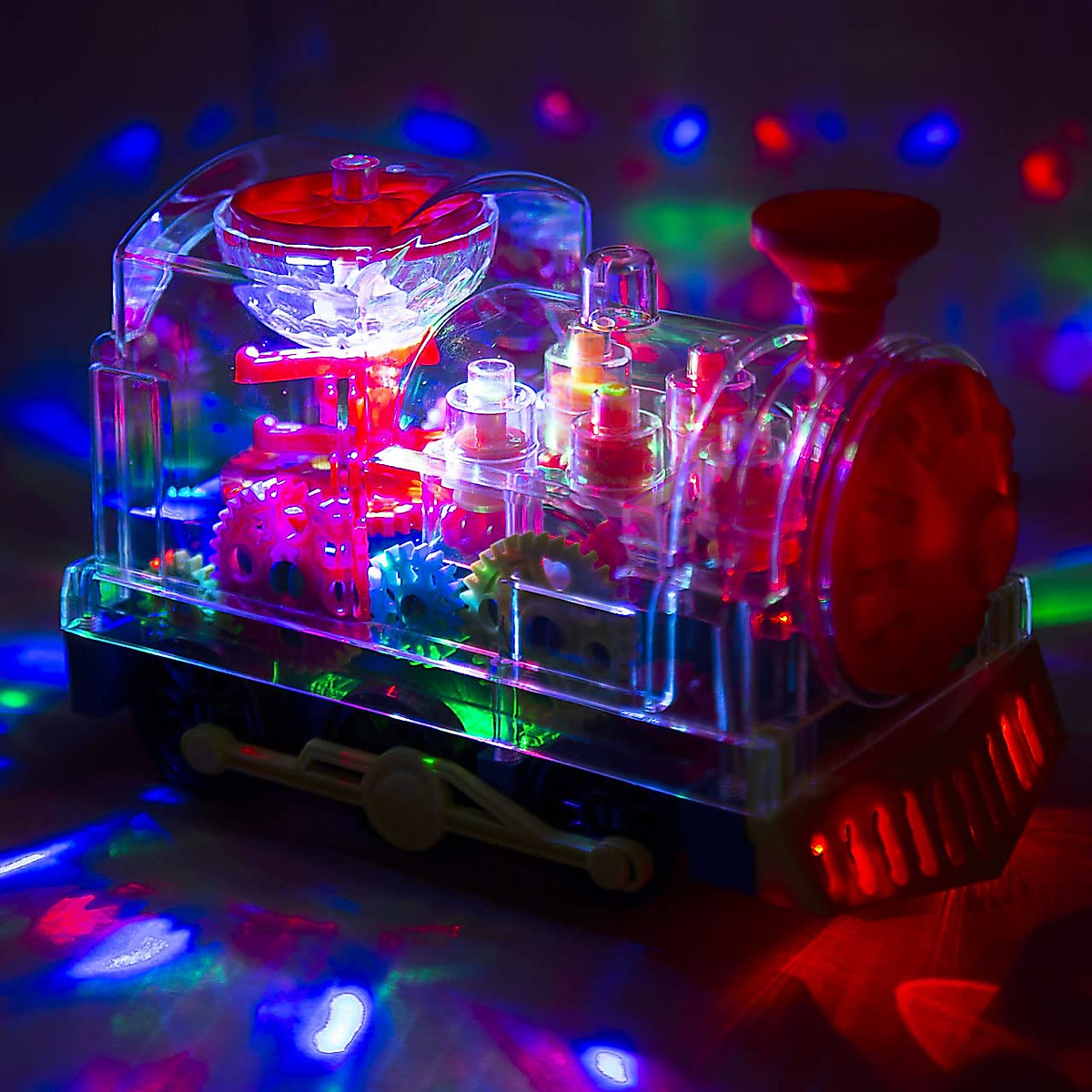 Berry President Transparent Electric Gear Train Toy with Flashing Lights and Music, Battery Operated Bump & Go Action Train Toys for 2 3 4 5 Year Old Boys Toddlers