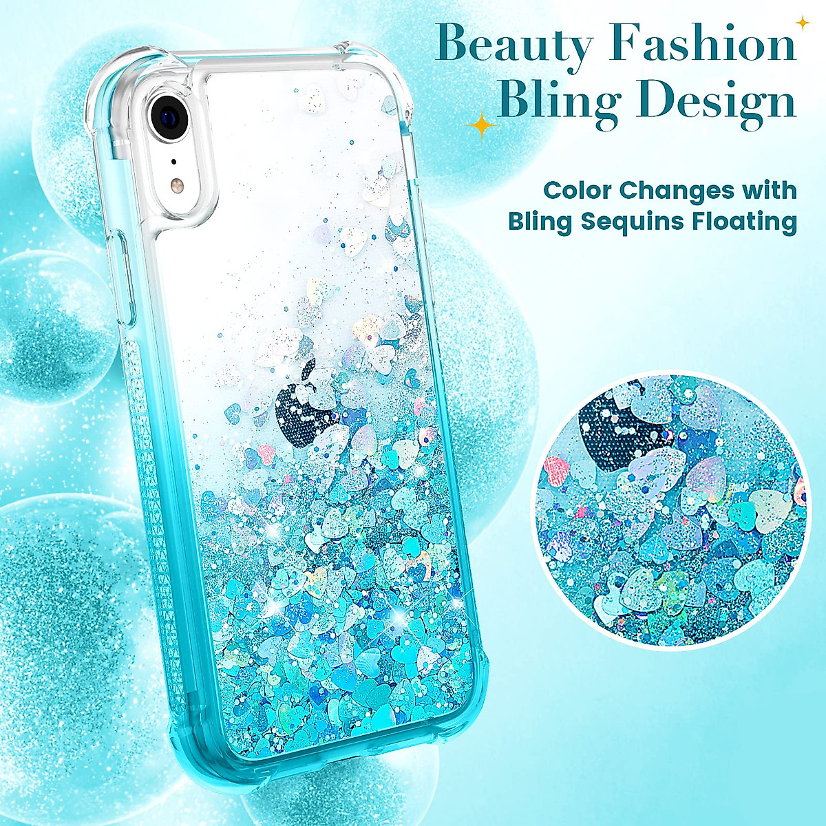 Ruky for iPhone XR Case, Glitter Clear Full Body Rugged Liquid Cover with Built-in Screen Protector Shockproof Protective Women Case for iPhone XR Cases 6.1 inches 2018 (Gradient Teal)